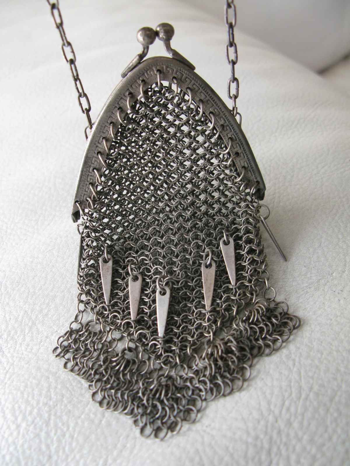 Antique Chatelaine Silver Greek Key Frame 7 Tassels Mesh Coin Purse ...
