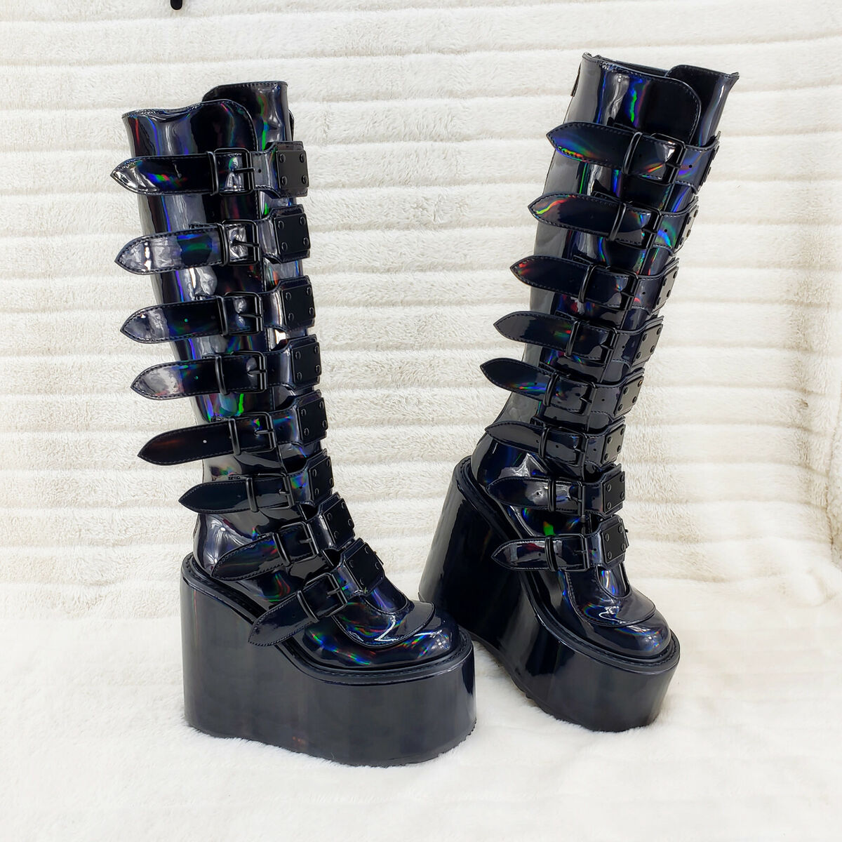 Swing 815 Black Oil Slick hologram Goth Punk Knee Boot 5.5 Swing 815 Black Oil Slick hologram Goth Punk Knee Boot 5.5