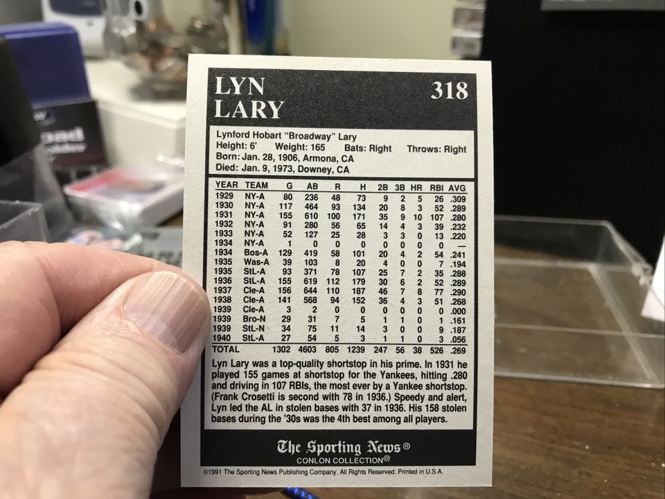 FREE SHIPPING-MINT-1991 The Sporting News Conlon Collection Lyn Lary ...