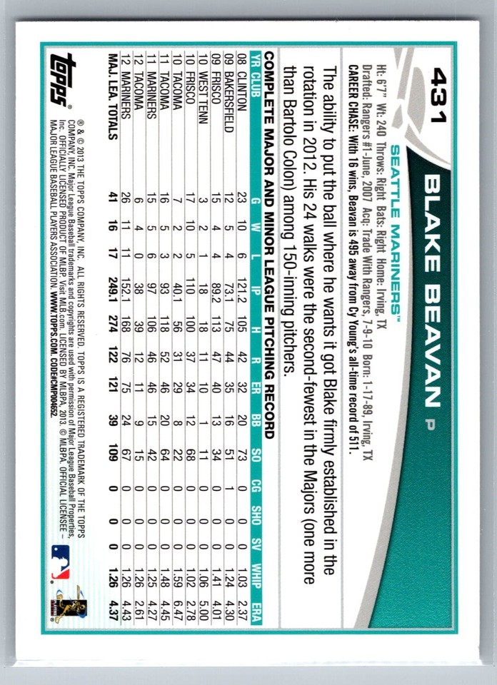 2013 Topps Baseball #431 Blake Beavan Seattle Mariners | eBay