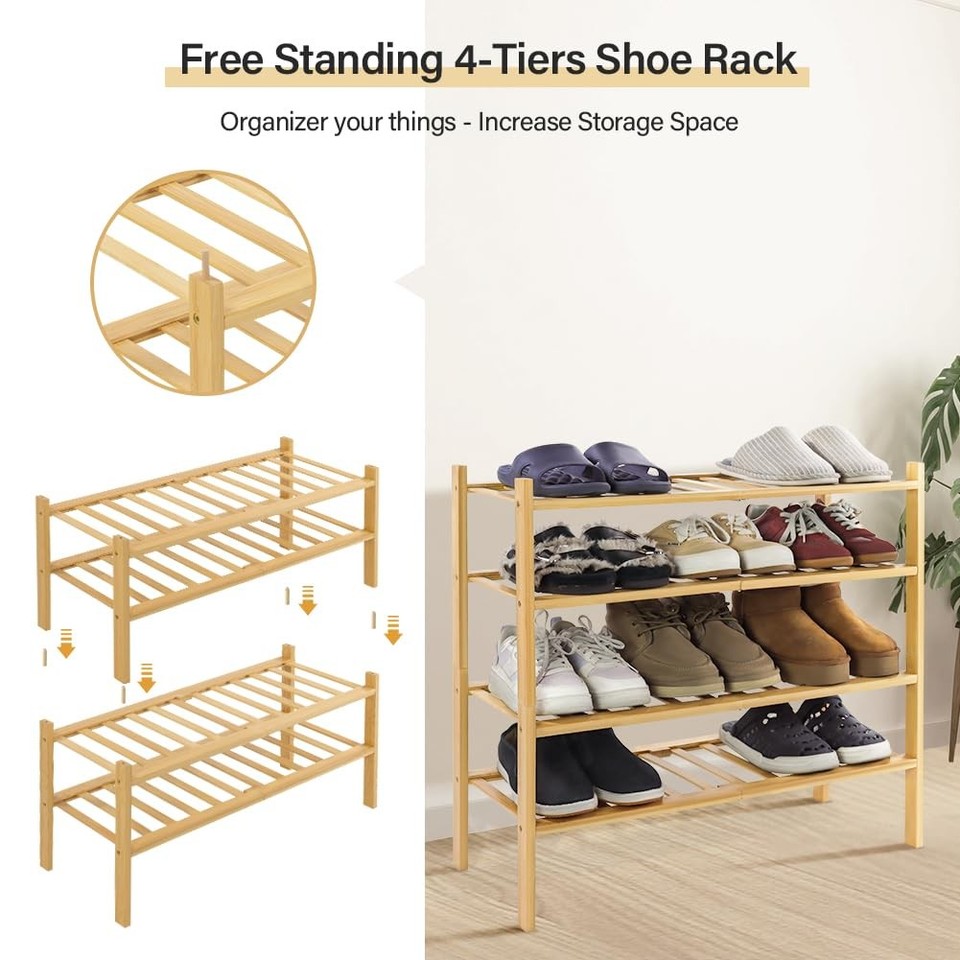 4-Tiers Bamboo Shoe Rack Stackable Free Standing Shoe Racks Portable ...