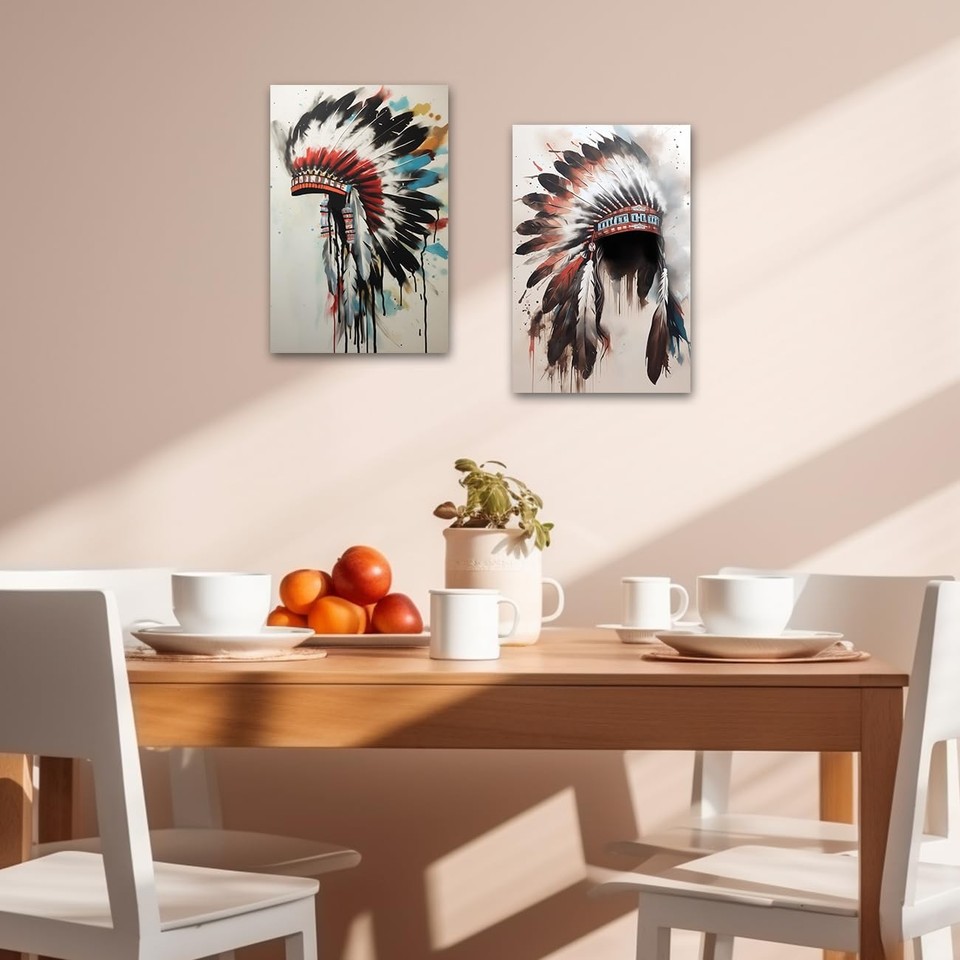 Native American Wall Art 2 Pieces Indian Chief Feather Headdress Canvas ...
