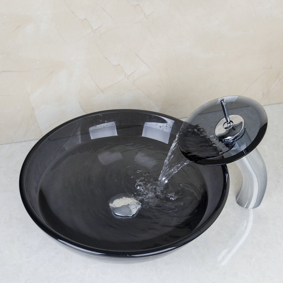US Tempered Glass Bathroom Vanity Basin Bowl Vessel Sinks Waterfall ...