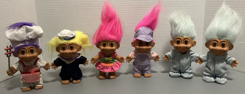 Lot of 14 vintage TROLL figures in cute outfits plus a teeter totter ...