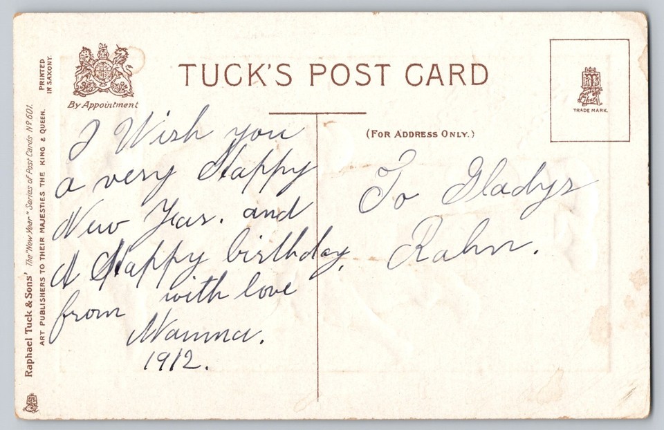 Postcard Tucks Happy New Year Cute Boy With Letter Holding Dog Flowers ...