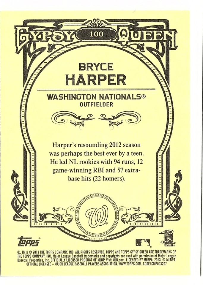 BRYCE HARPER 2013 Topps Gypsy Queen #100 Paper Base Card Nationals ...
