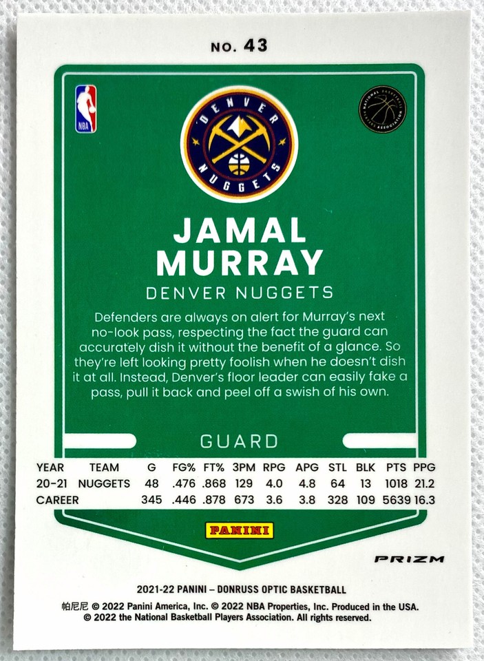 2021-22 Donruss Optic Jamal Murray Card #43 SP Silver Wave Prizm Denver ...