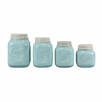 Blue Ceramic 4pc Farmhouse Country Kitchen Jar Set: Flour Sugar Coffee ...