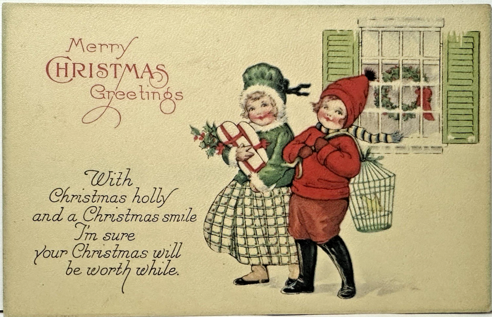 Christmas Postcard Children shopping Smile Chop Tree Windmill Dutch Hat ...