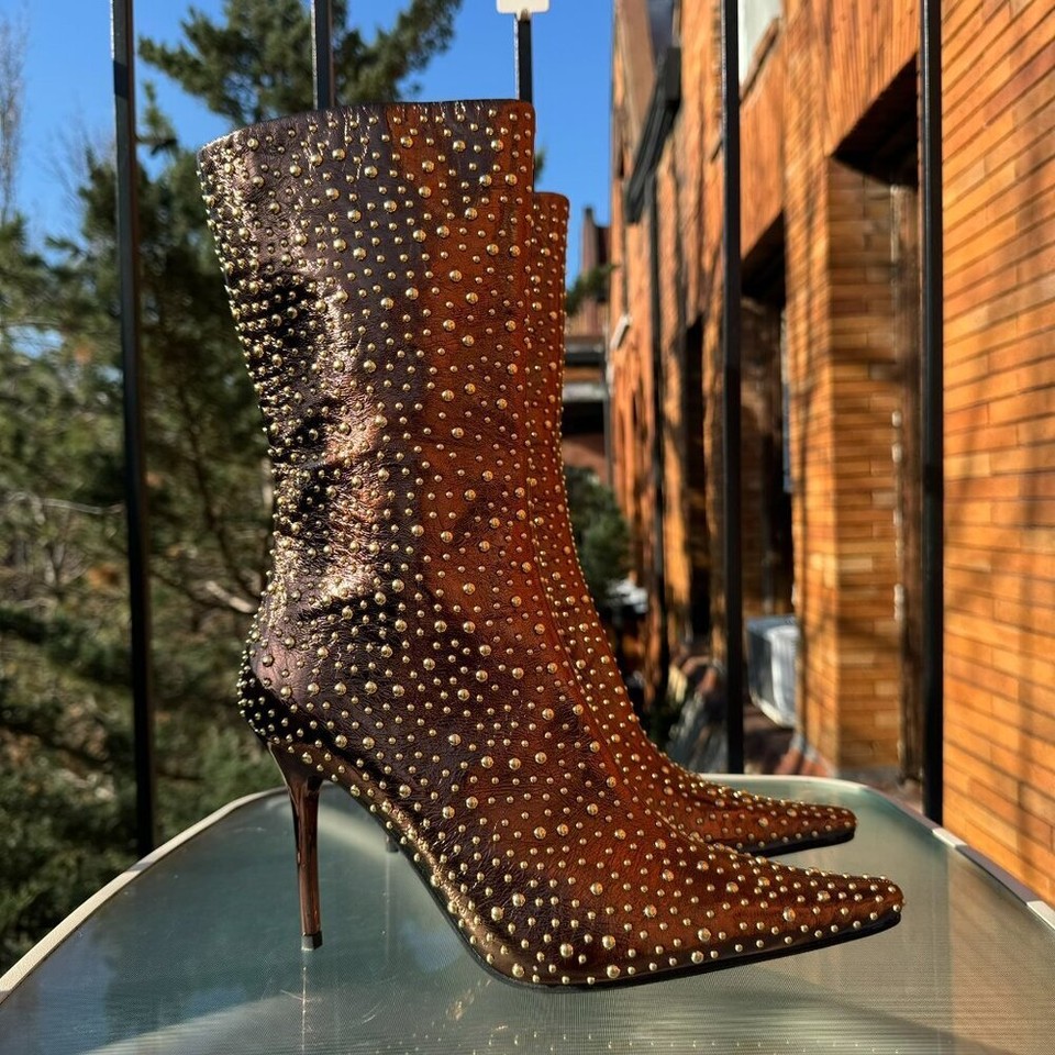 New Jeffrey Campbell Iconic Boots Shoes Gold Bronze Studded Thin Heel ...