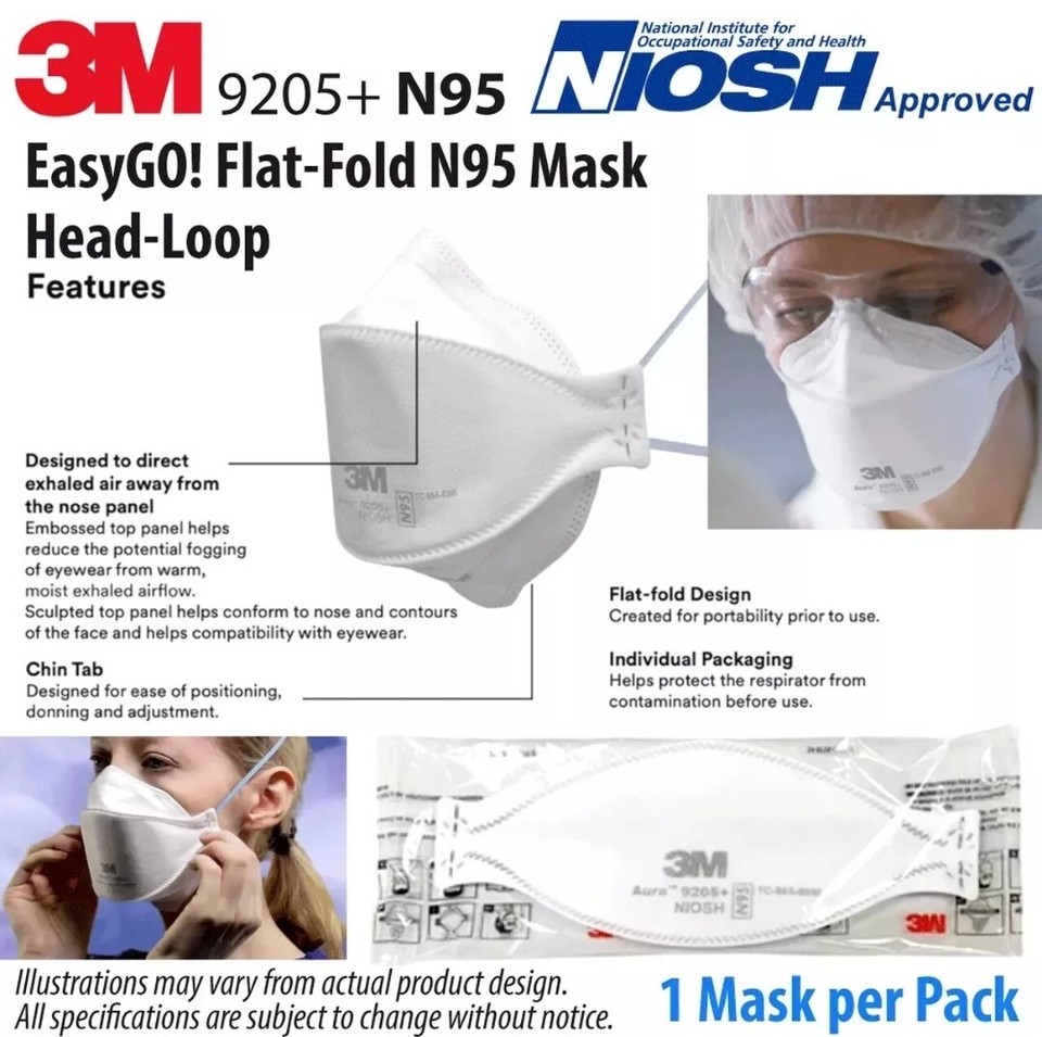 3M Aura N95 Protective Disposable Respirator Face Mask 9205+ NEW SEALED ...