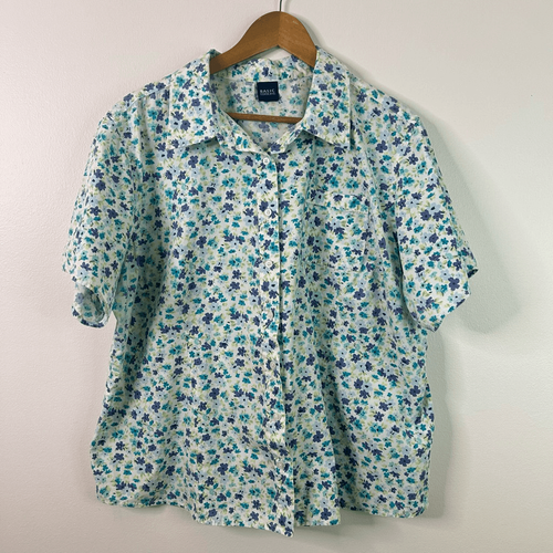Basic Editions Button Up Blouse Women’s 2X Blue Green Floral Short Sleeve Cotton | eBay