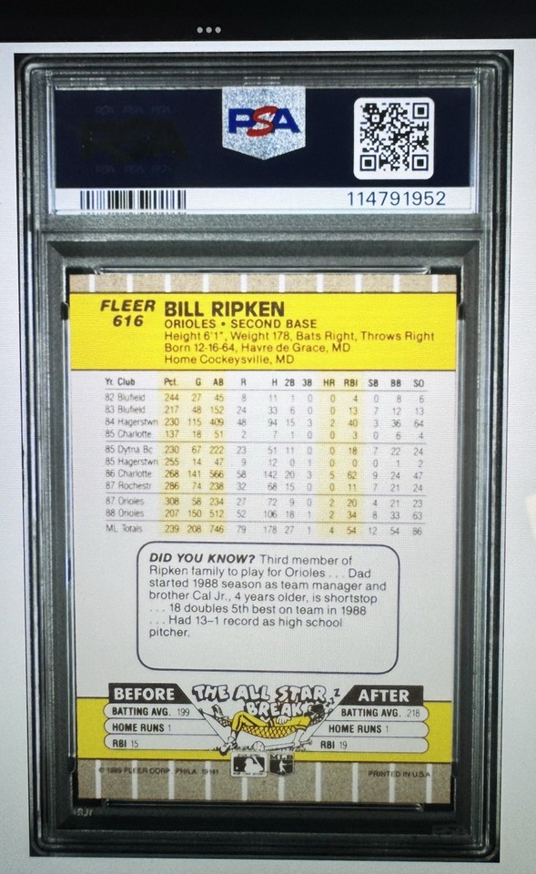 1989 Fleer Billy Ripken (BLACK SCRIBBLE) On Bat Knob Card #616 PSA 9 ...
