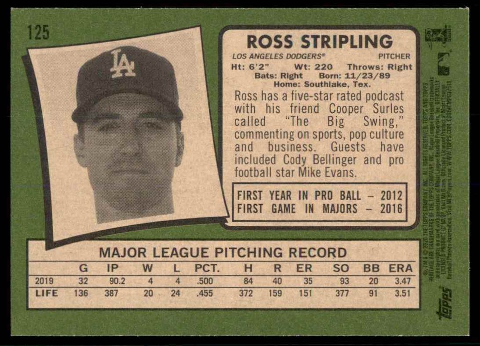 2020 Topps Heritage Baseball Ross Stripling Los Angeles Dodgers #125 | eBay