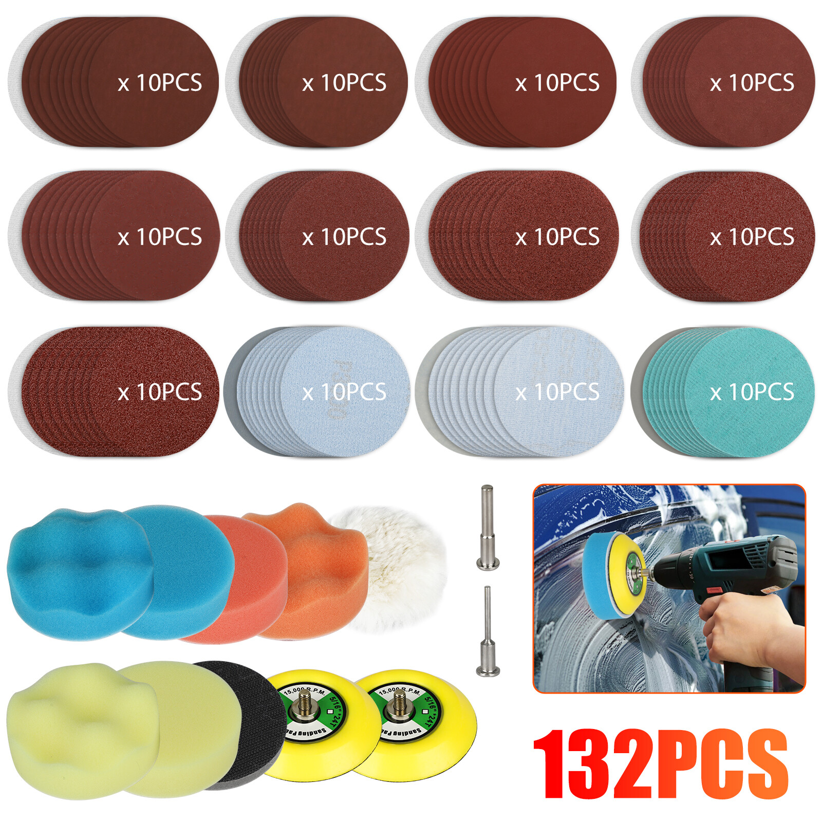 132Pcs 3" Sanding Discs Foam Buffering Sponge Pad Sander Paper + Drill ...