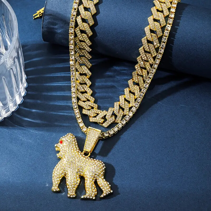 Hip Hop Gorilla pendant 18" Full Iced Cuban & 20" Tennis Cubic Zirconia ...