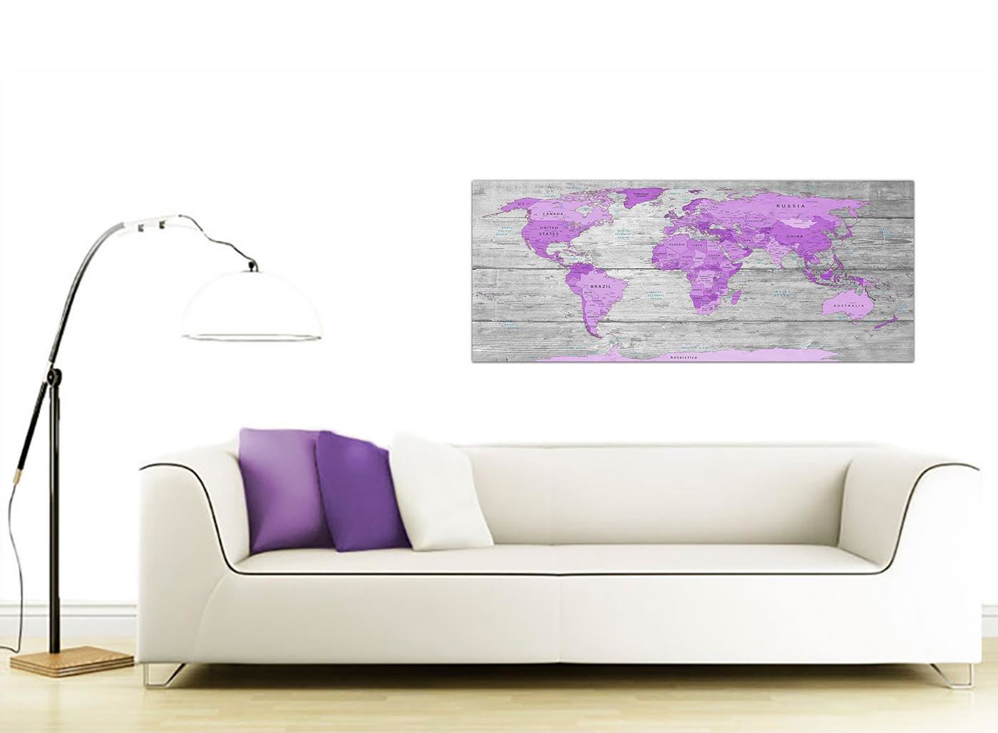 Large Purple and Grey Map of World Atlas Canvas Wall Art Print 120cm ...