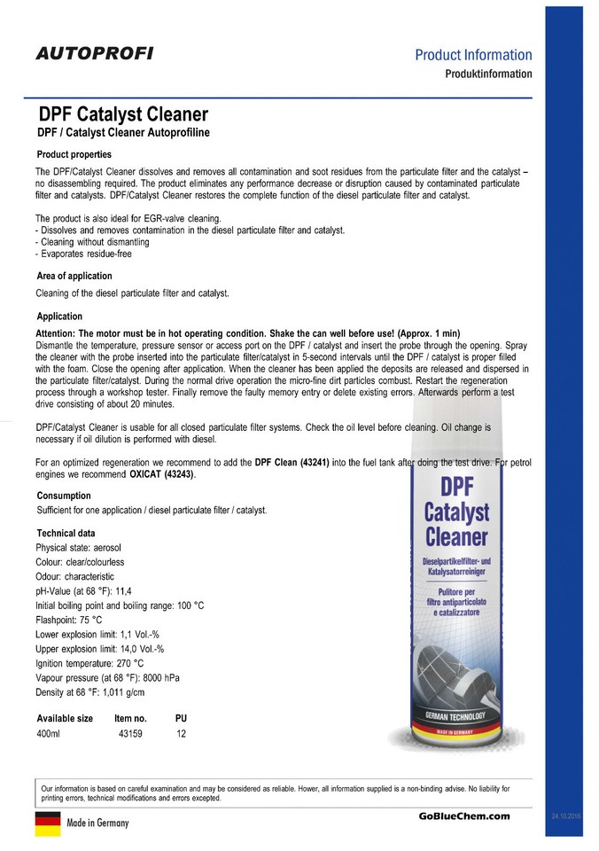 DPF diesel particulate filter foam cleaner with Hose 400ml Germany made ...