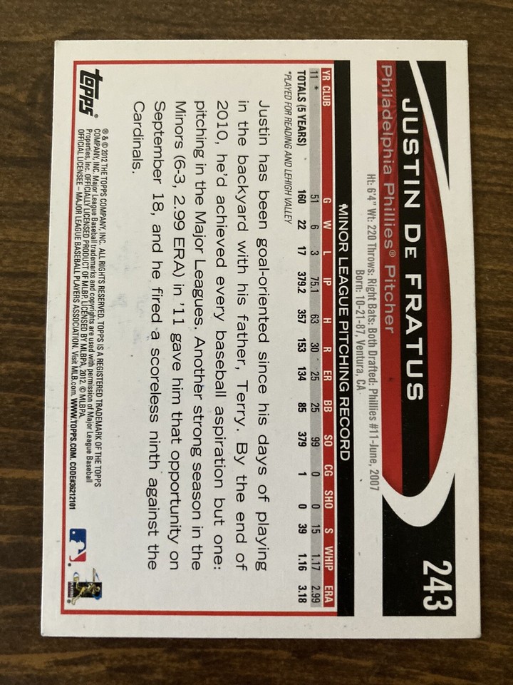 2012 Topps #243 Justin De Fratus RC ROOKIE Autograph Signed Phillies | eBay