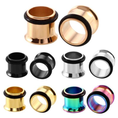 PAIR STAINLESS STEEL FLESH TUNNELS SINGLE FLARED EAR GAUGES PLUGS W/O ...