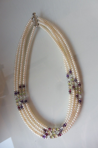 Elegant Pearl Necklace, 4 rows, Freshwater Pearls, Amethysts... 925 ...