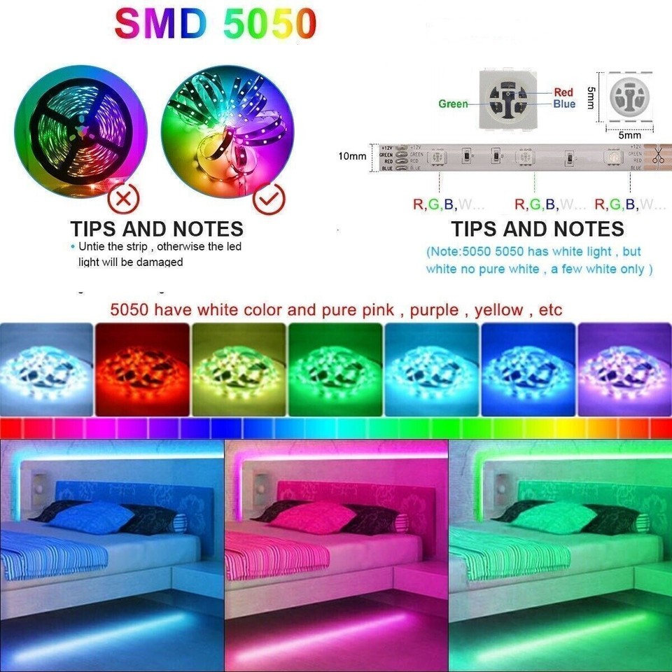 New LED Strip Lights 100ft Music Sync 5050 RGB Room Light with Remote ...