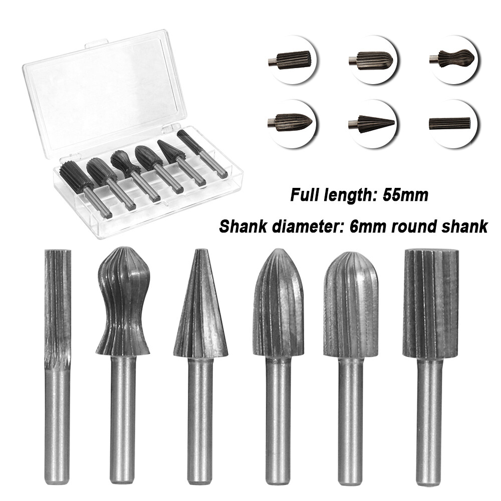 6pcs HSS Rotary Burr Cutter File Drill Bit Wood Carving Woodworking 1/4 ...