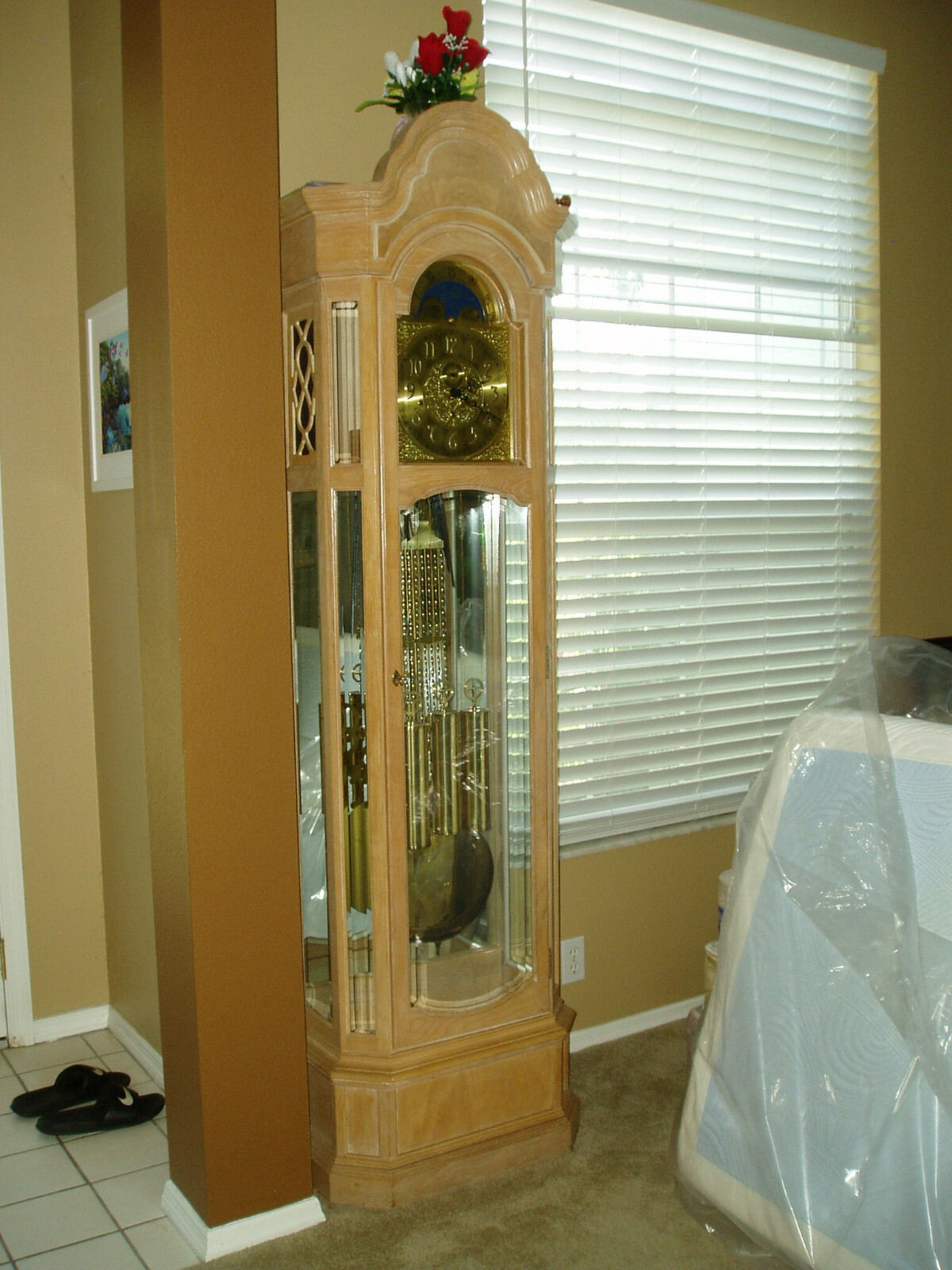 RIDGEWAY GRANDFATHER CLOCK- PENDULUM CHIME-RARE BLONDE OAK WOOD,BEVELED ...