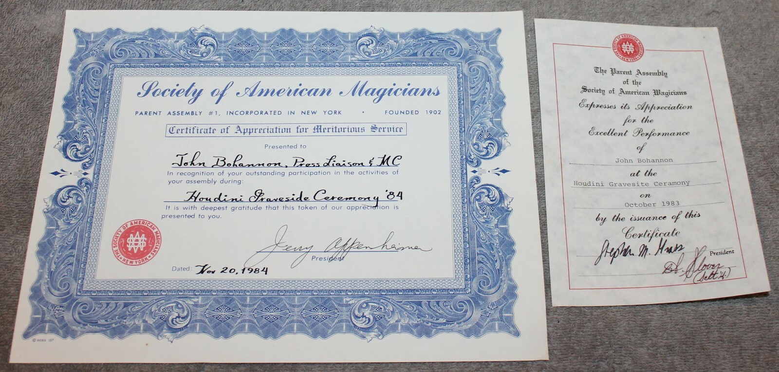 VINTAGE SOCIETY OF AMERICAN MAGICIANS CERTIFICATE FOR HOUDINI GRAVESITE ...