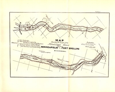 MINNEAPOLIS TO FT. SNELLING, MISSISSIPI RIVER LENGTH Antique map 1888 ...