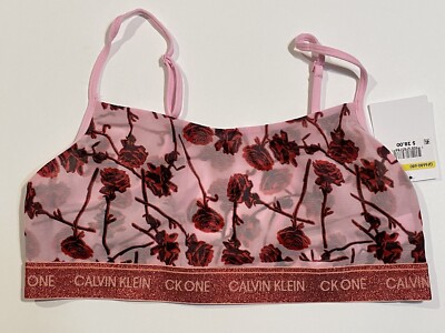 NEW CALVIN KLEIN PINK FLORAL ROSE MESH LOGO BAND SPORTS BRA BRALETTE ...