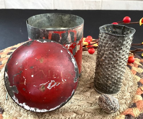 LATE 1800'S ORIGINAL RED PAINTED TIN NUTMEG CONTAINER W/TINY GRATER ...