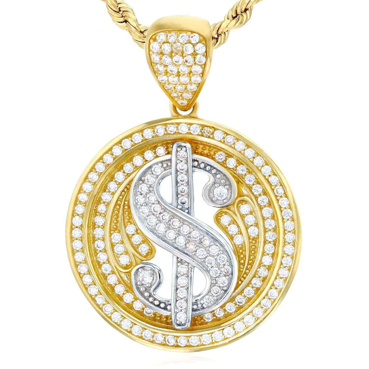 14K Gold Two-Tone Yellow White CZ Dollar Sign Round Pendant 1.45" | eBay