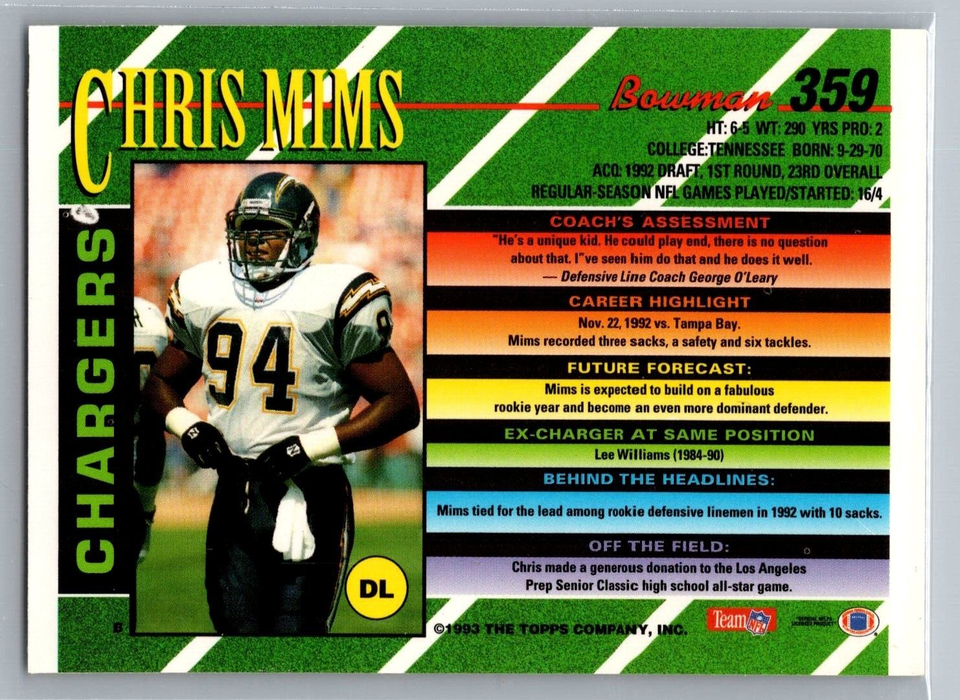 1993 TOPPS BOWMAN CARD # 359 Chris Mims - San Diego Chargers | eBay