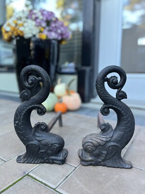 Antique Cast Iron Andirons Koi Fish Serpent Sea Creature Dolphin Devil ...