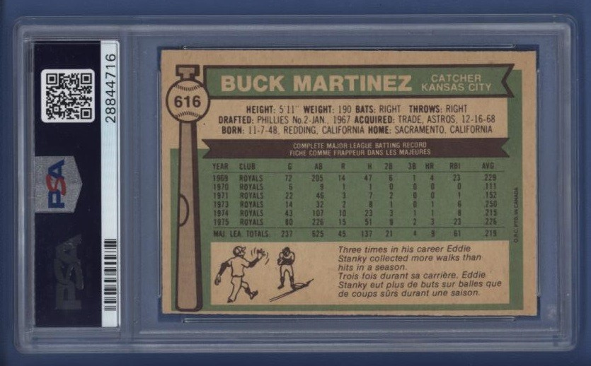 1976 O-PEE-CHEE #616 BUCK MARTINEZ PSA 7 NM KANSAS CITY ROYALS *CATCHER ...
