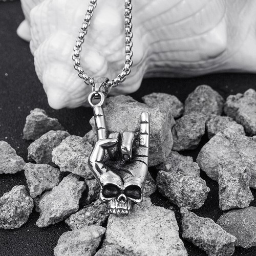 Vintage Mens Biker Satan Satanic Skull Rock Pendant Necklace Stainless ...