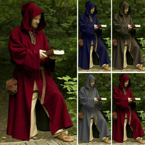 Medieval Wizard Costume Men's Long Sleeves Hooded Cloak Fancy Dress ...