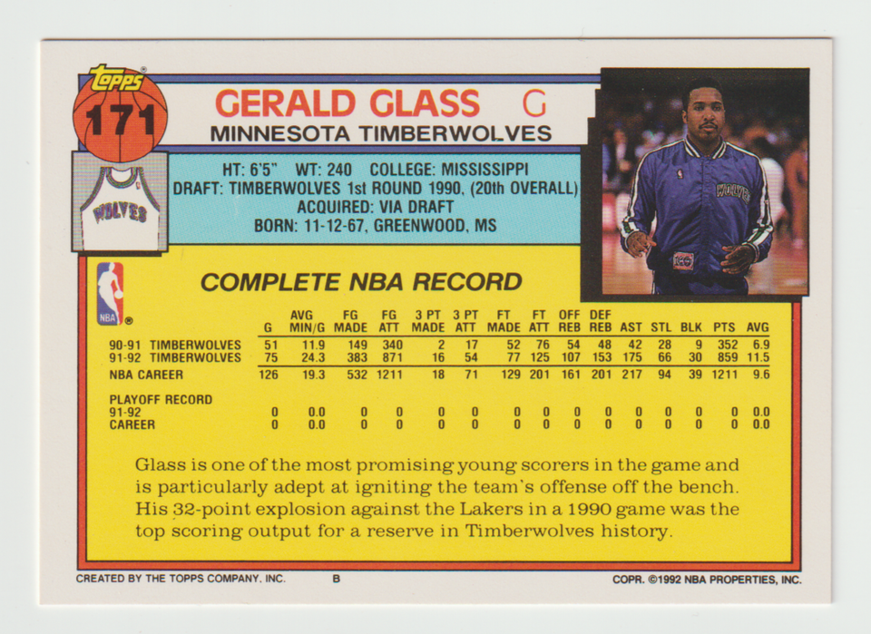 1992-93 Topps Basketball #171 Gerald Glass - Minnesota Timberwolves | eBay