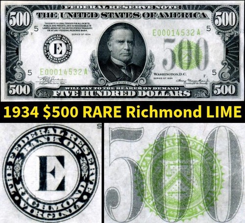 HGR SUNDAY 1934 $500 RARE Richmond ((Wanted LIME Seal)) HIGH GRADE | eBay