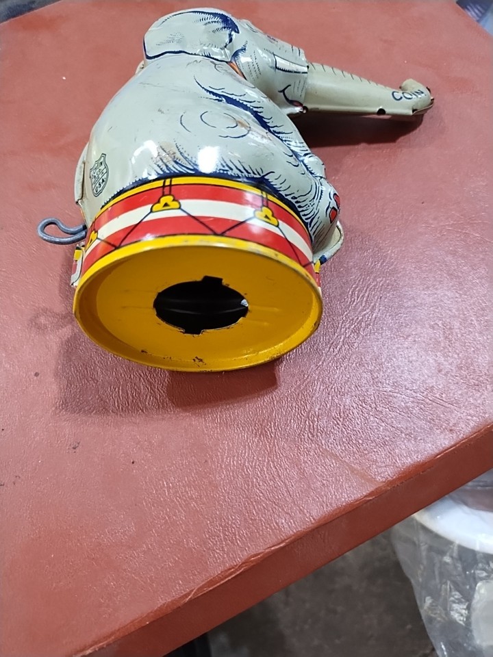 J. Chein Antique Tin Circus Elephant Coin Bank Trunk Raises & Coin ...