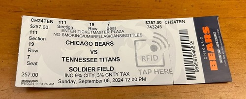 CHICAGO BEARS VS. TITANS 9/8/24 TICKET! CALEB WILLIAMS/ ROME ODUNZE NFL ...