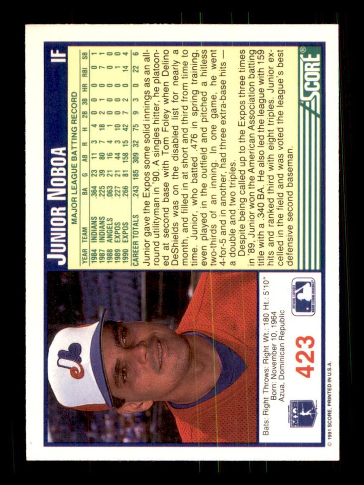 1991 Baseball Score Junior Noboa Montreal Expos #423 | eBay