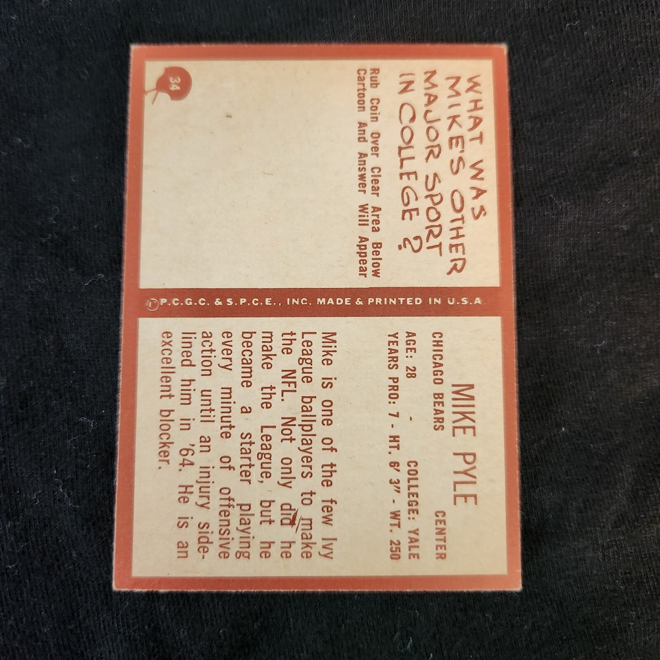 1967 Philadelphia Football #34 Mike Pyle C Chicago Bears Single Raw ...