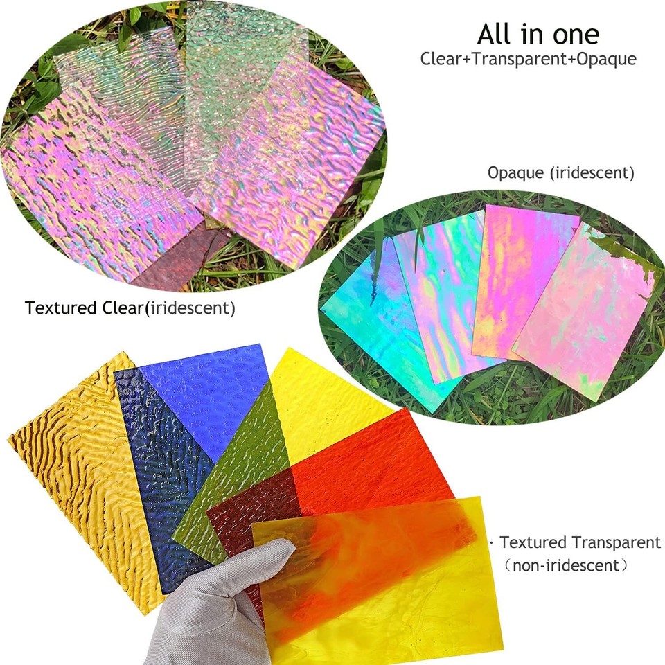 12 Sheets Iridescent Stained Glass Sheets, Cathedral Art Glass Packs ...