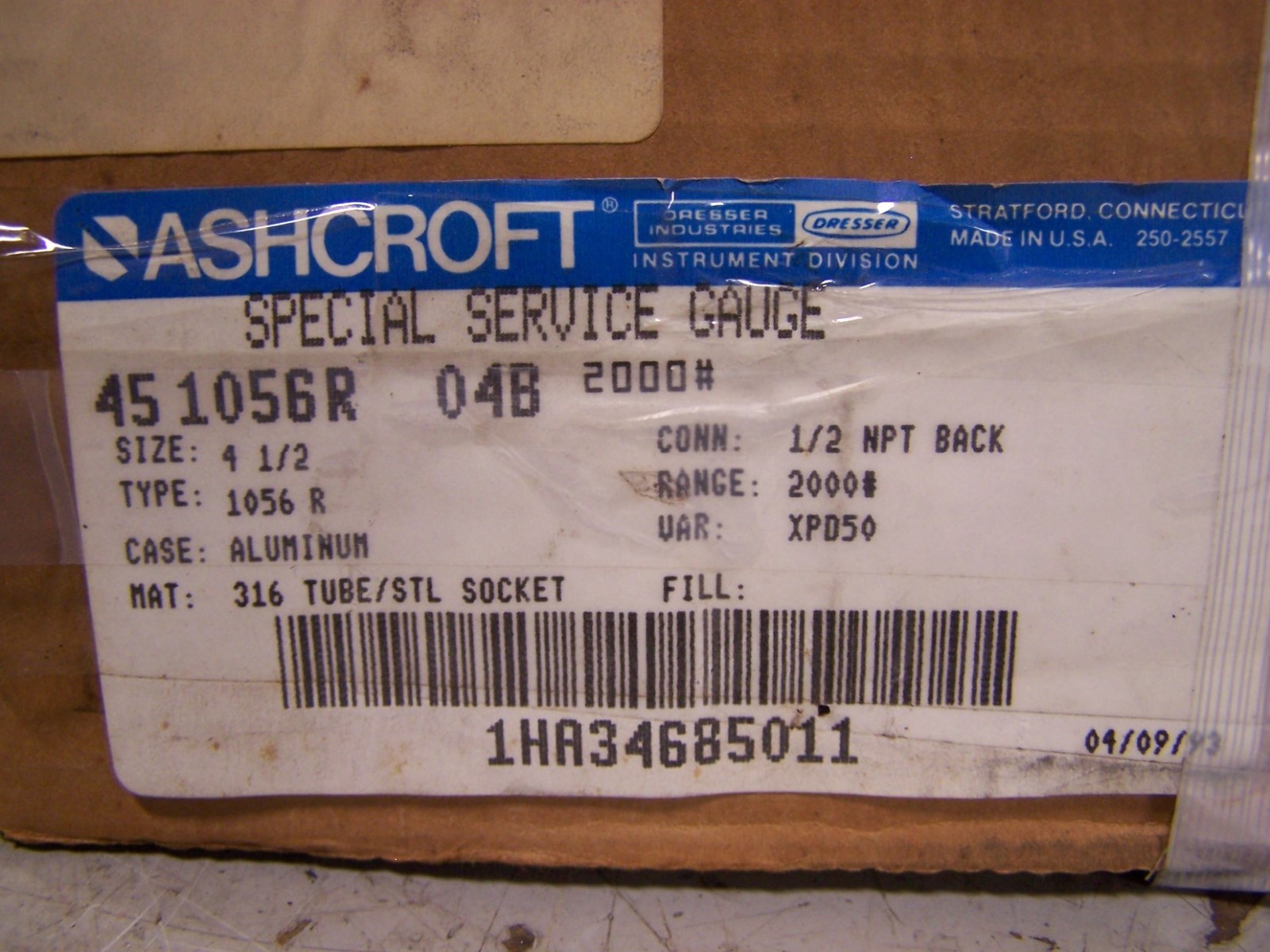 NEW ASHCROFT 45 SPECIAL SERVICE GAUGE RANGE 0-2000 PSIG 4-1/2" FACE ...