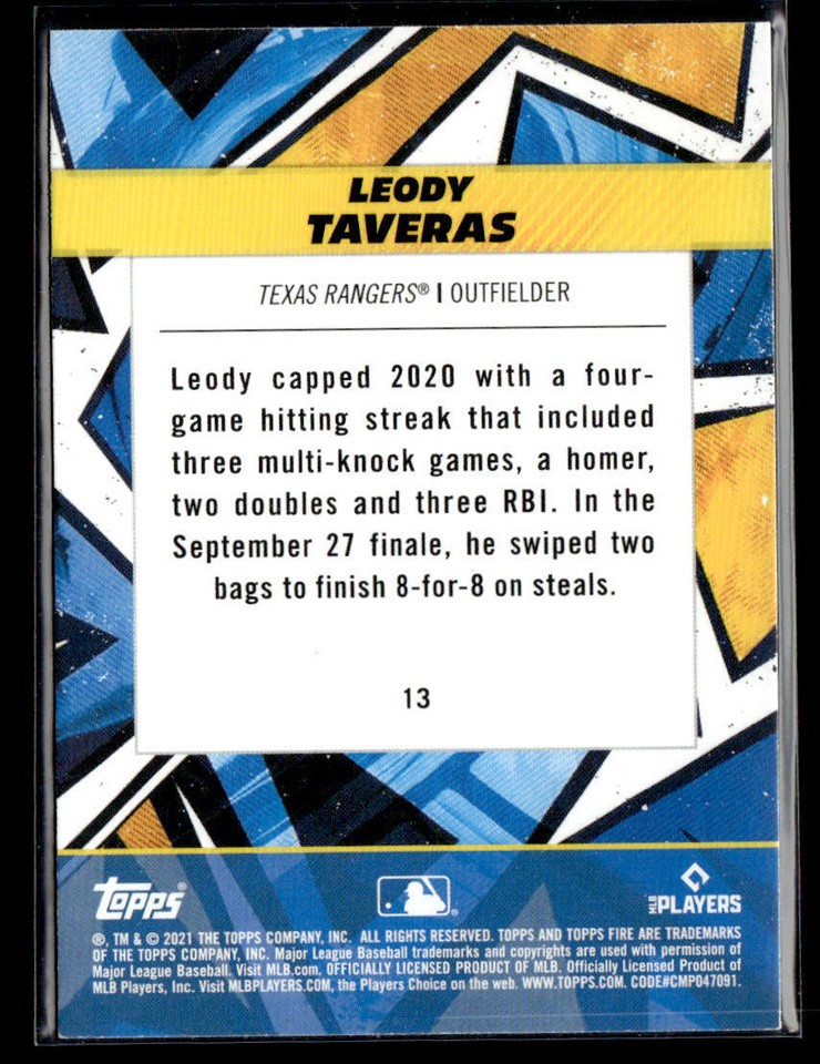 2021 Topps Fire #13 Leody Taveras Rookie Card Texas Rangers | eBay