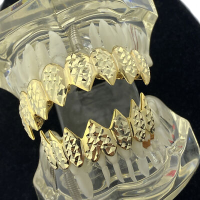 14K Gold Plated Shark Grillz Set Cut 8 Top & Eight Bottom Teeth Fangs ...