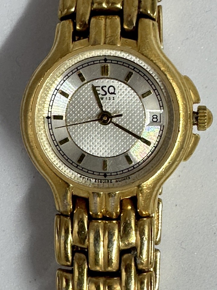 ESQ Esquire Swiss Watch Women 24mm Gold Tone Date 100467 New Battery 6 ...
