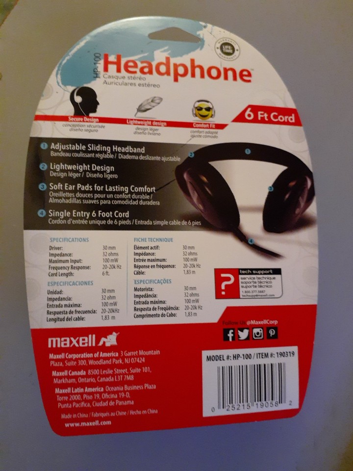 6 x Maxell HP-100 On-Ear Headphones Black Wired 6 Foot Cord Adjustable ...